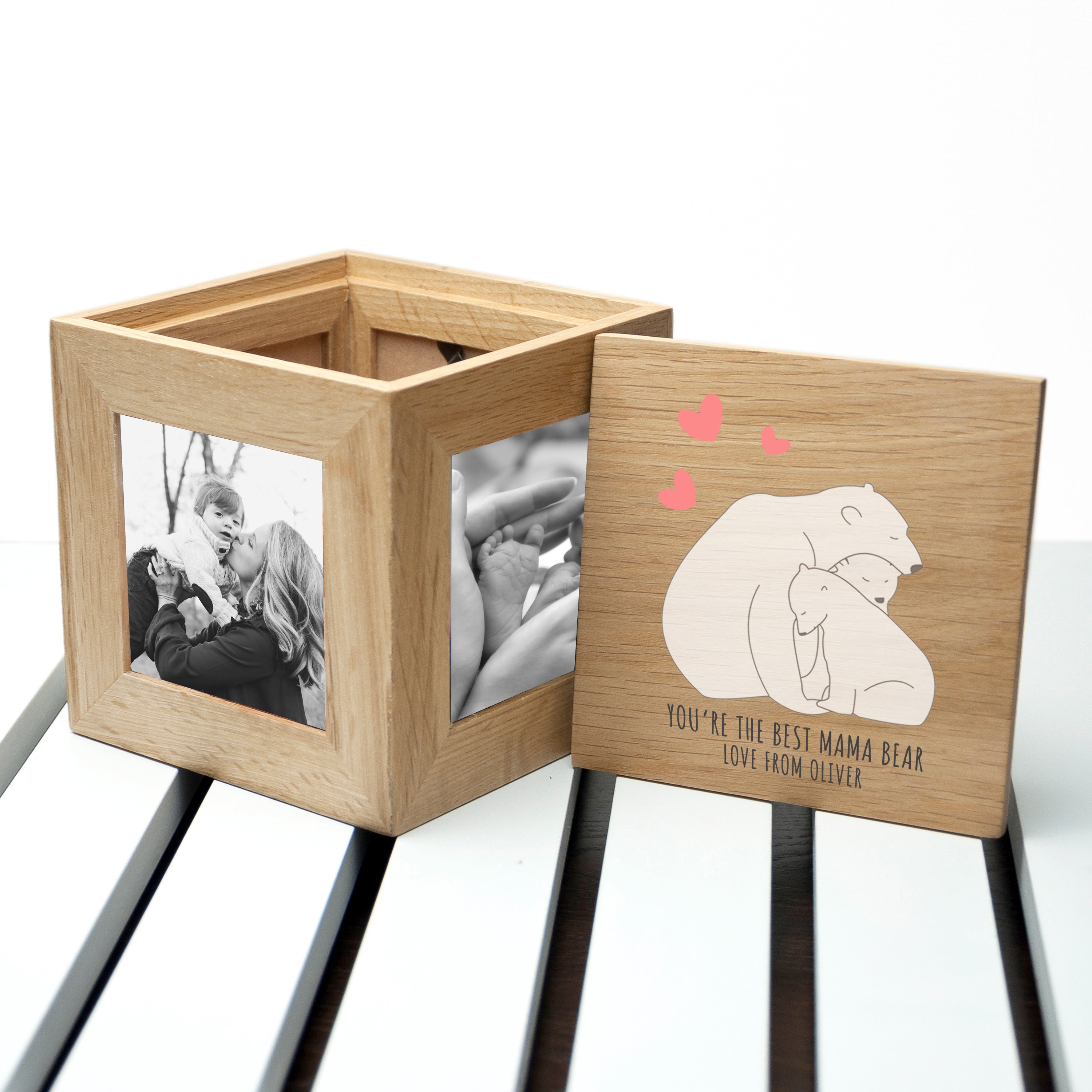 Personalised Mama Bear Oak Photo Cube Keepsake Box | Treat Republic