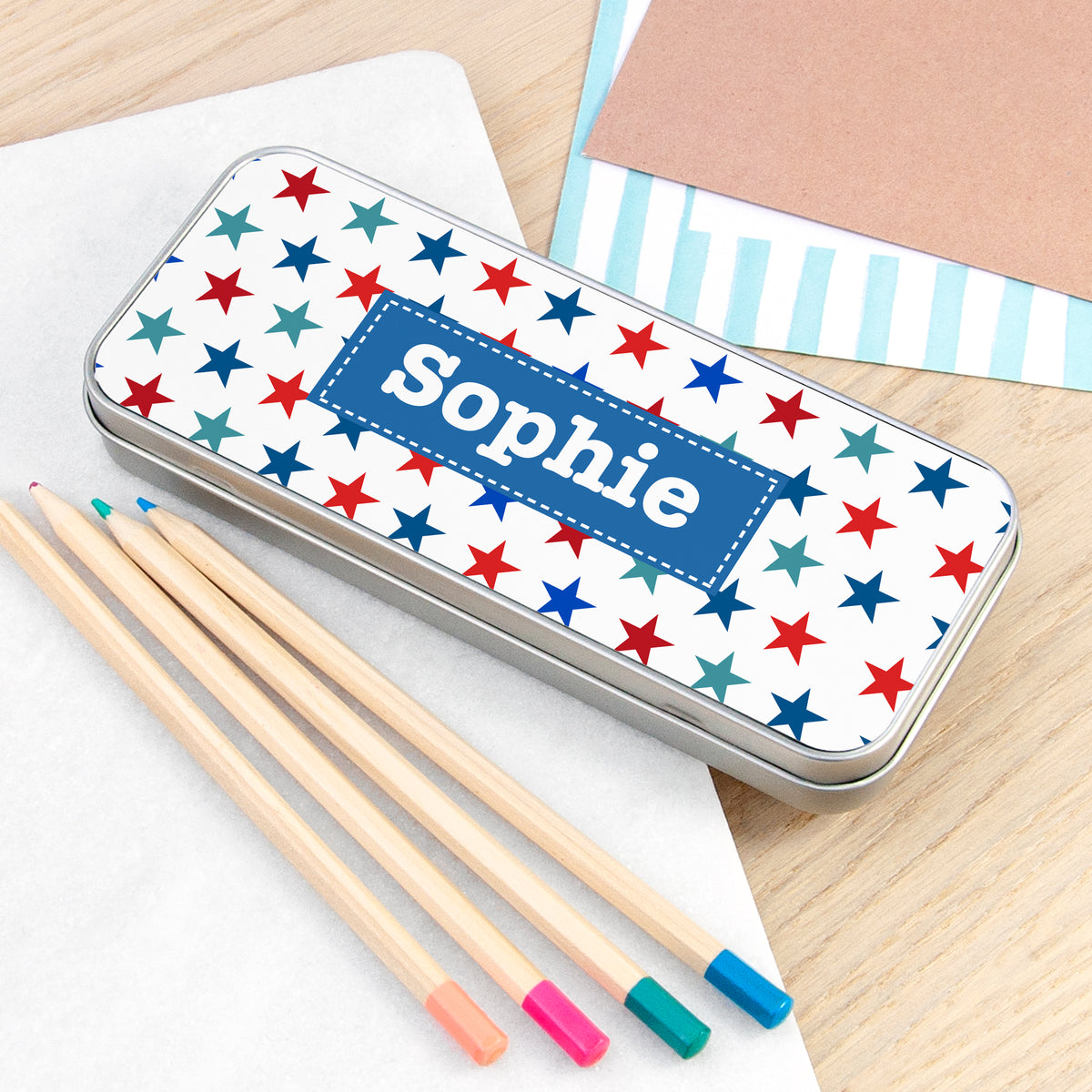 Personalised Kids Patterned Silver Pencil Case Tin | Treat Republic