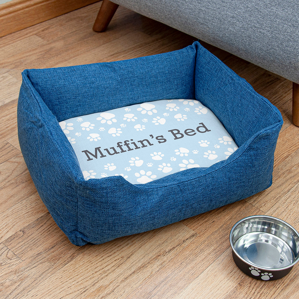 Personalised Blue Comfort Dog Bed with Blue Paw Print Design – Treat ...