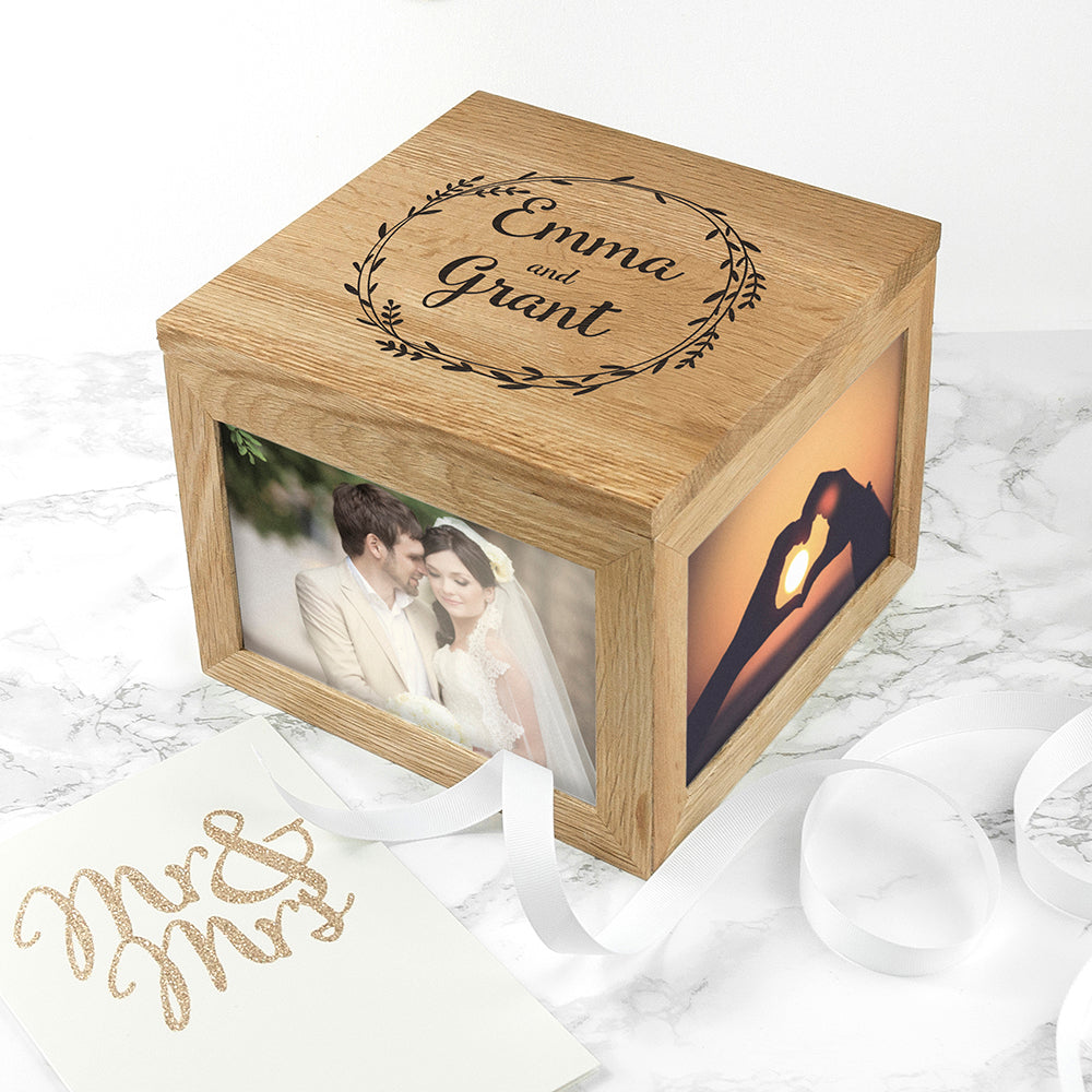Personalised Couple's Oak Photo Keepsake Box with Wreath Design | Treat ...