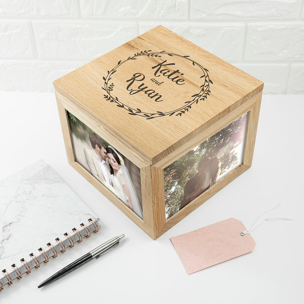 Personalised Couple's Oak Photo Keepsake Box with Wreath Design | Treat Republic