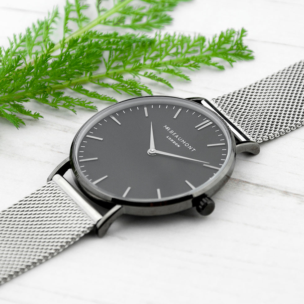 Personalised Men's Metallic Silver Watch With Black Face | Treat Republic